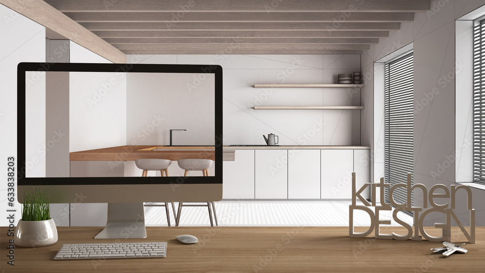 Architect designer project concept, wooden table with keys, 3D letters ...