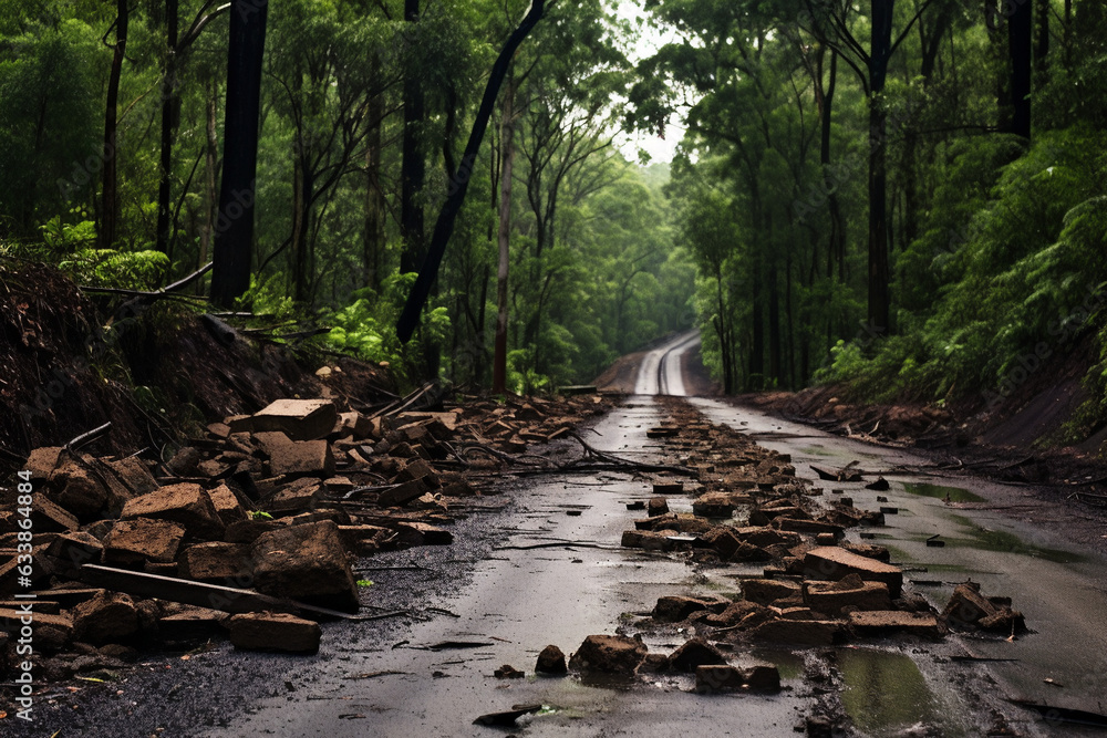 Foto de Stock path in the forest. natural disasters. village landslide ...