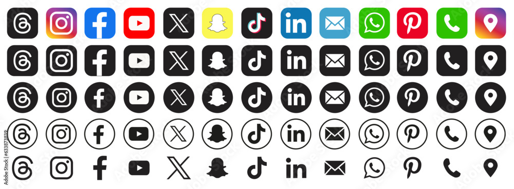 Facebook, threads, X, twitter, instagram, youtube, snapchat, pinterest ...