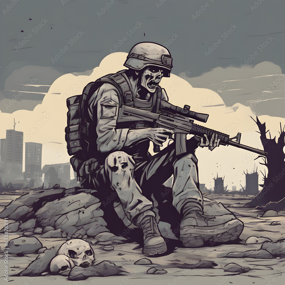 Sad dead zombie soldier in post-apocalyptic ruined city stylized anti ...