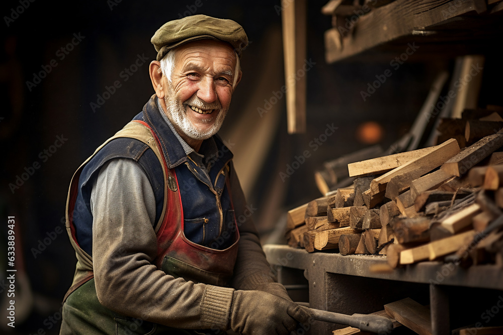 An old caucasian male craftsman are working happily with wooden planks ...