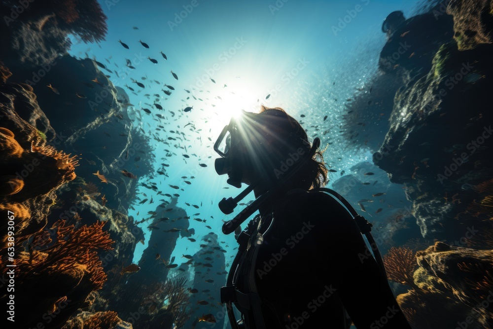 Submerged Visions: The Shadowy Form of a Scuba Diver amongst Coral ...