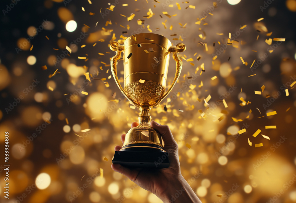 Hand holding gold trophy cup with confetti. celebrating with trophy ...