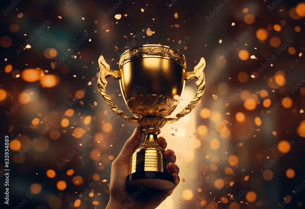 Hand holding gold trophy cup with confetti. celebrating with trophy ...