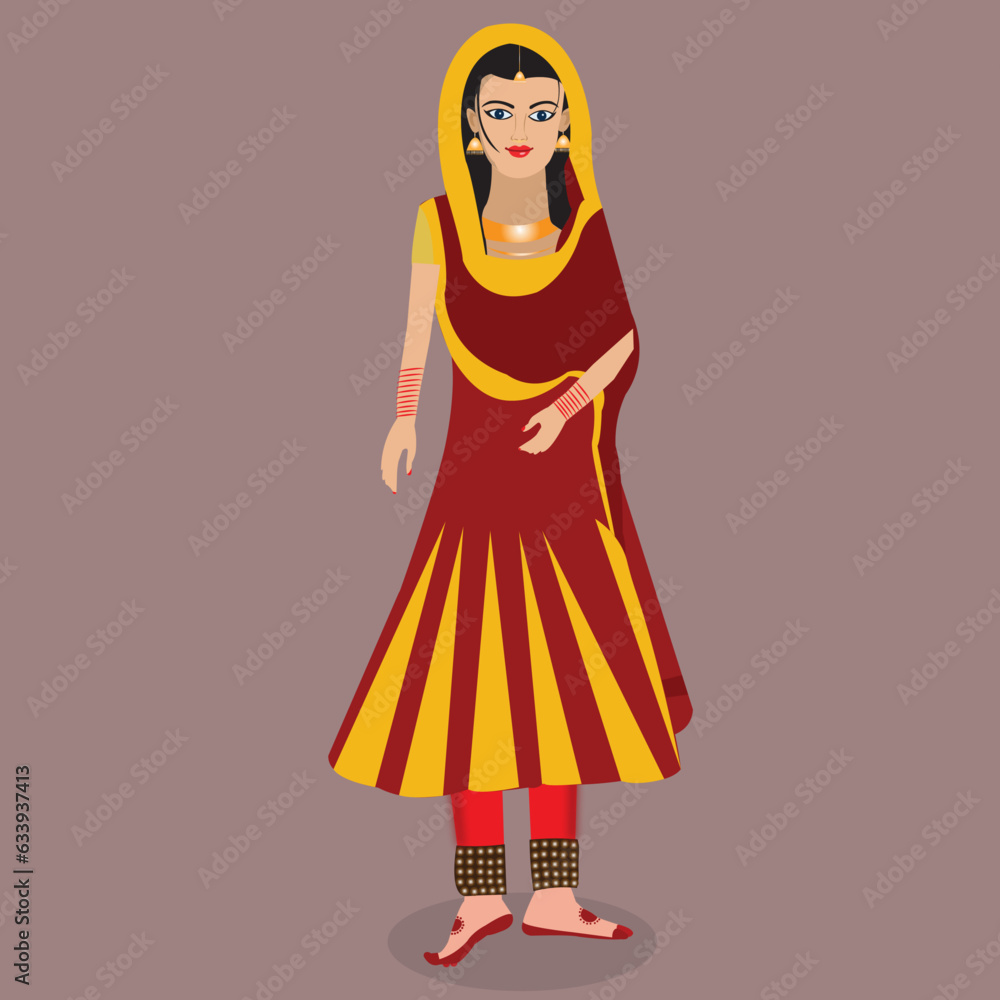 Vector illustration of girl dancer wearing red traditional dress and ...