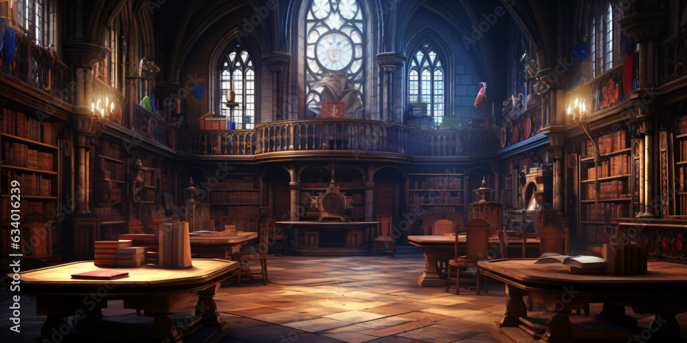 medieval library, gothic reading room interior with desks, old ...