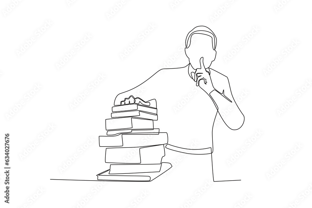 One continuous line drawing of a male librarian assembling a book tells ...