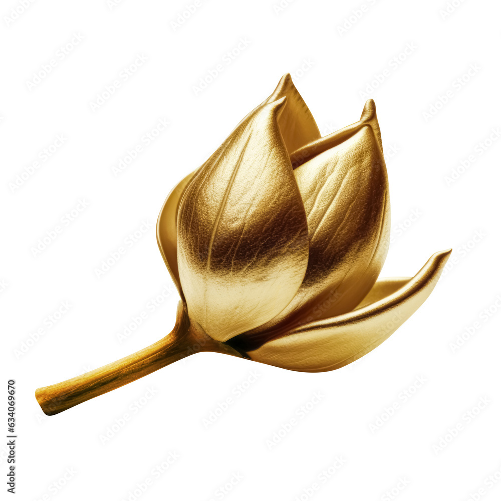 Golden metallic 3d flower bud isolated on white. Single luxury gold ...