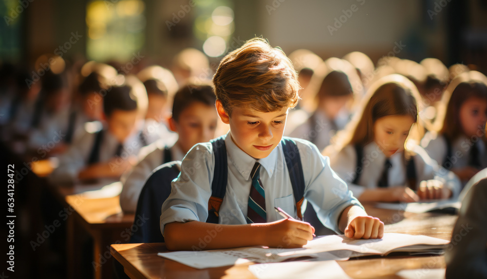 Elementary school children wearing school uniforms sitting in bright ...