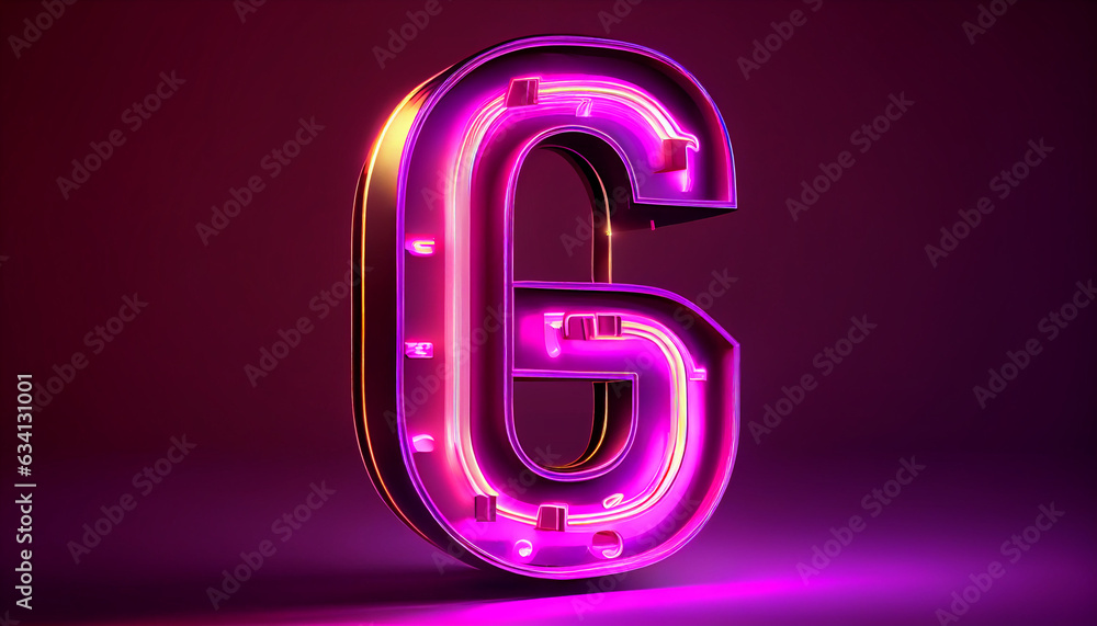 Neon light letter G. Shiny and iridescent alphabet on a pink background ...