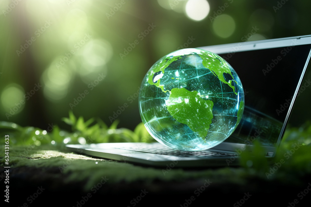 Technology with nature concept.Laptop keyboard with Green Globe on it. Carbon efficient ...