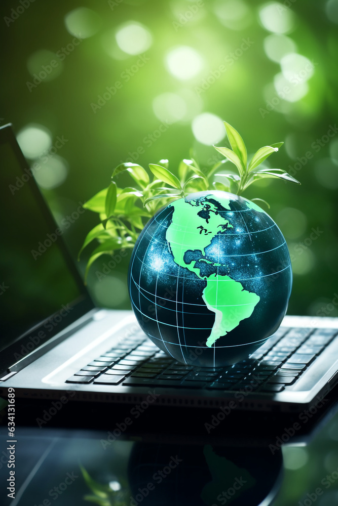 Technology with nature concept.Laptop keyboard with Green Globe on it ...