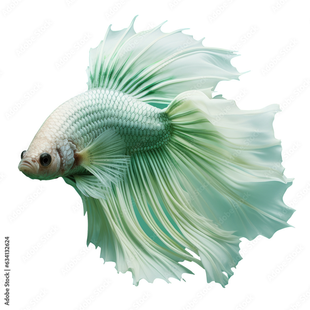 Green and white halfmoon betta fish in a side view photo collage ...