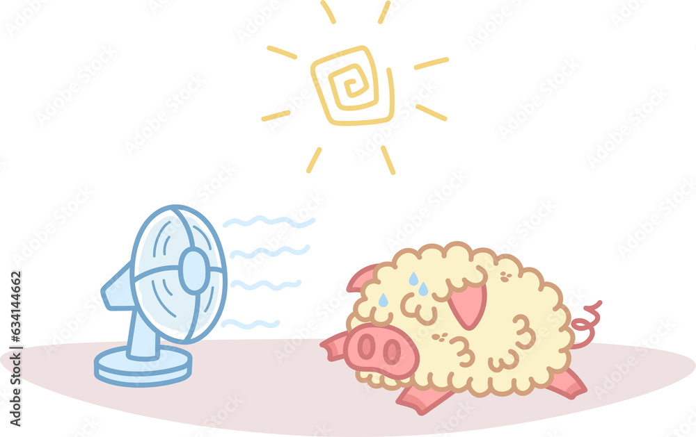 Fluffy pig suffering from heat. Kawaii character lying. Fan cools ...