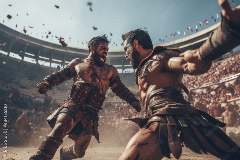 Foto de Stock A ferocious gladiator wearing armored Roman gladiator at the Ancient Rome ...