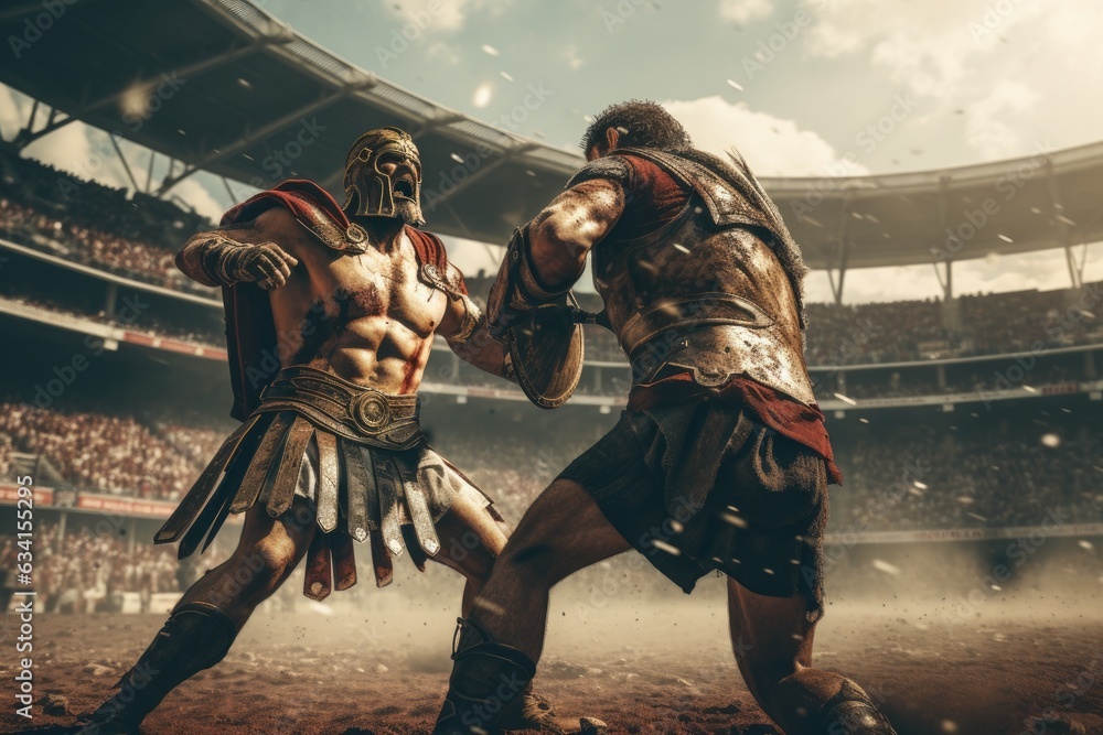 A ferocious gladiator wearing armored Roman gladiator at the Ancient ...
