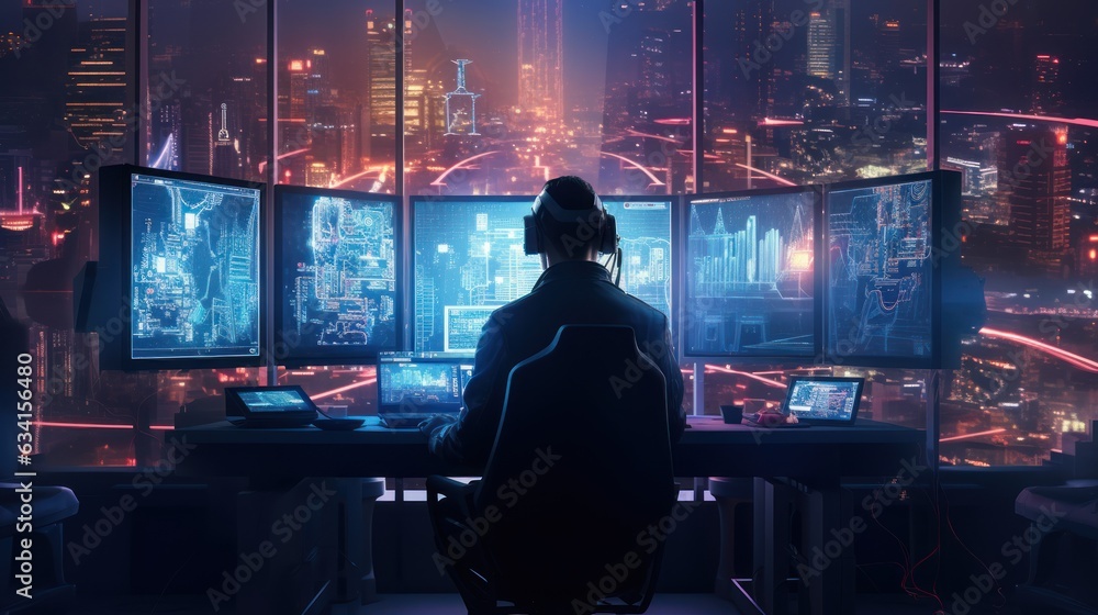 Visualize a skilled cyberpunk hacker operating within a futuristic ...
