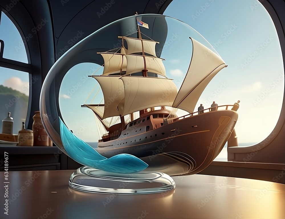 Realistic glass bottles with ships inside. Sailing crafts. Miniature ...