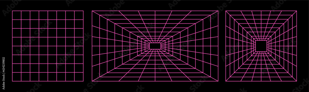 Geometry wireframe grid backgrounds set in neon pink color. 3D abstract ...