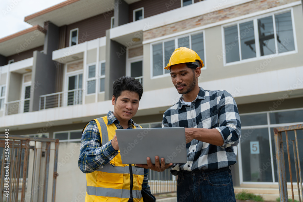 Engineer team discussing and working at outdoor construction site Inspect locations, paths ...