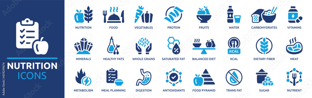 Nutrition icon set. Containing food, vegetables, water, meal planning ...