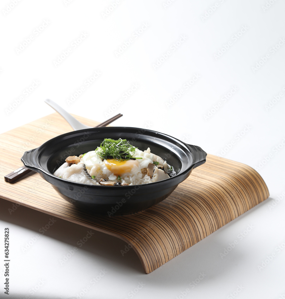 Hong Kong congee porridge rice with seafood fish, prawn, squid ...