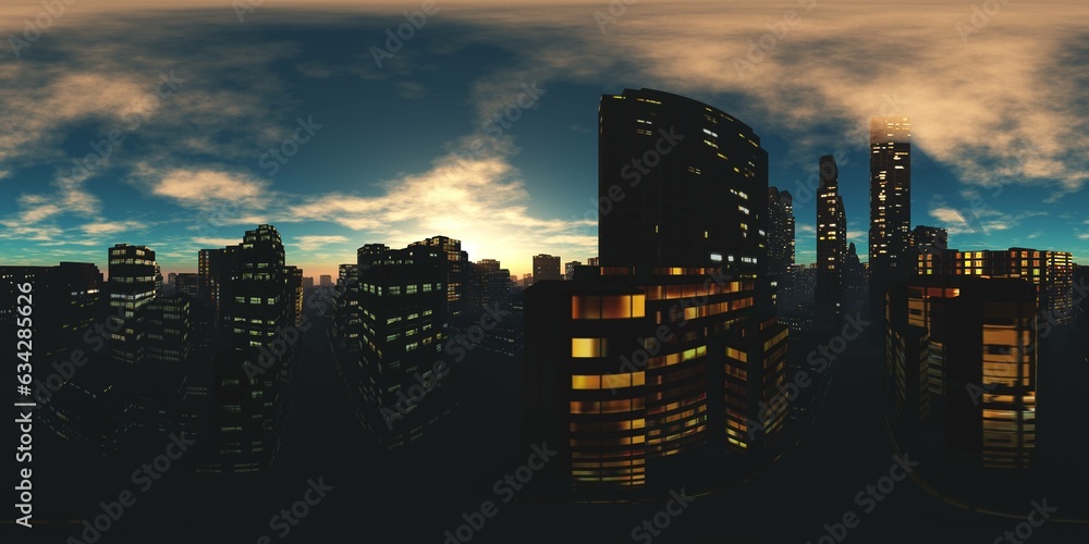 Night city, Cityscape, Environment map. HDRI map. Equirectangular ...