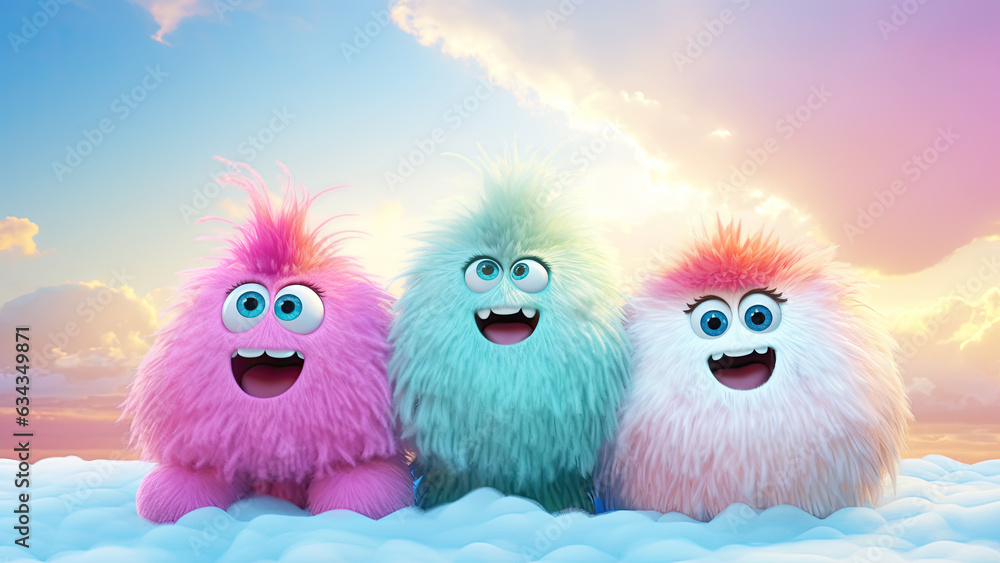 Cute fluffy monsters 4k wallpaper, kids wallpaper concept, clouds and ...