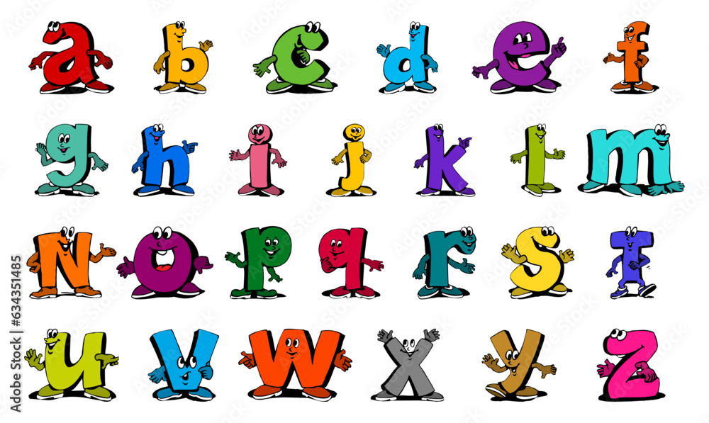 Cute character alphabet for kids' education. Funny hand drawn style ...