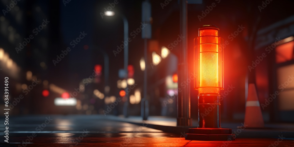 warning lamp in the street at night. Red alert lamp or warning ...
