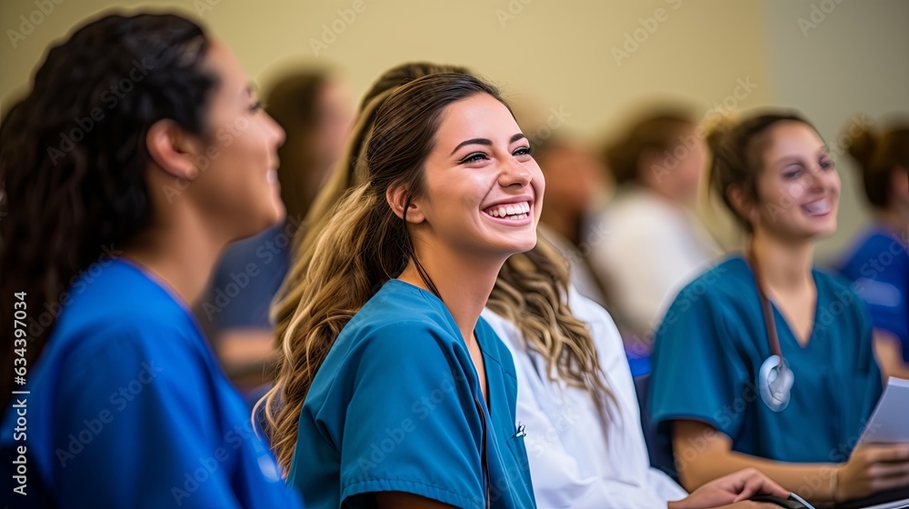 smiling cheerful nurse doctor sit relax in seminar training class nurse ...