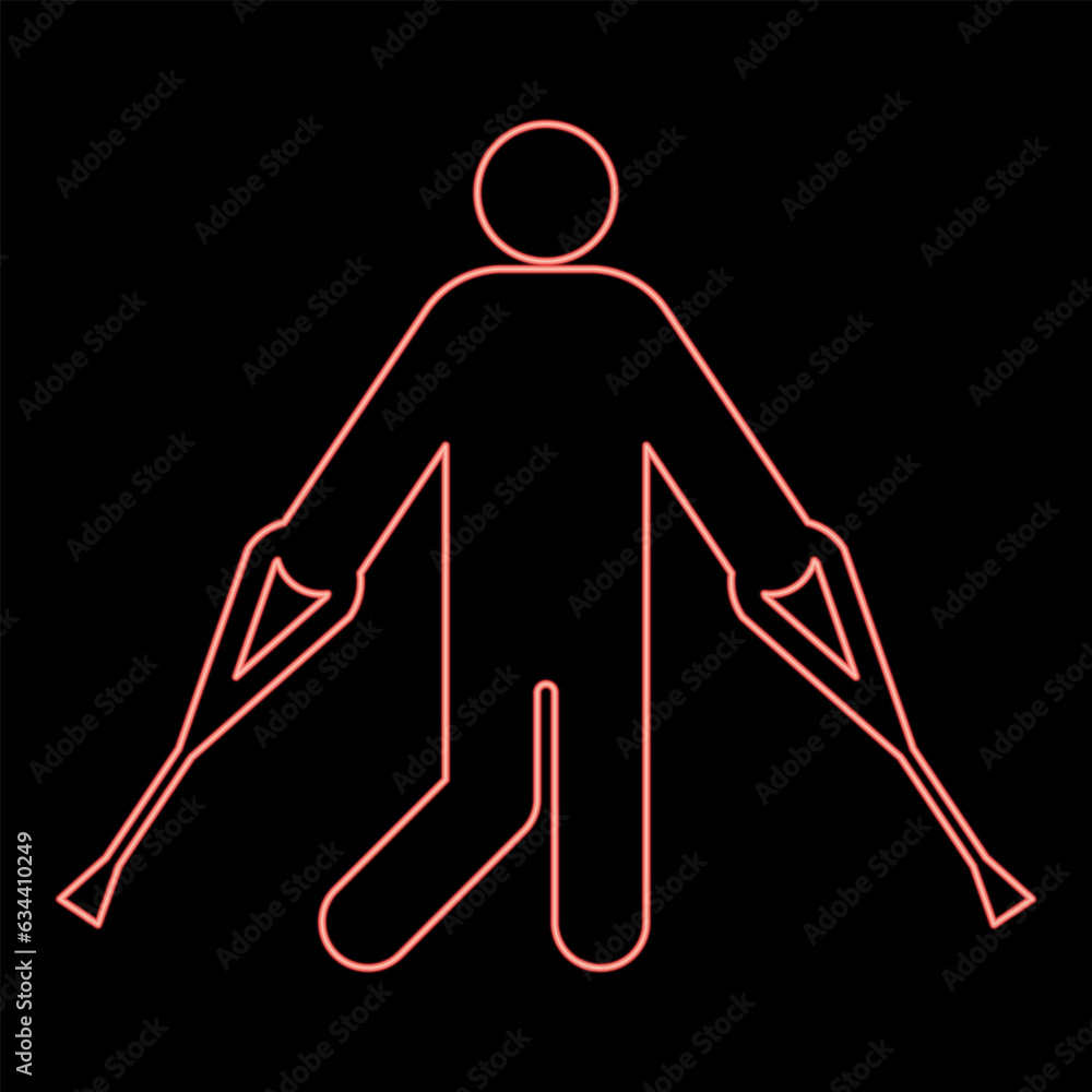 Neon man with crutchs crutches broken leg in cast gypsum bone injury ...