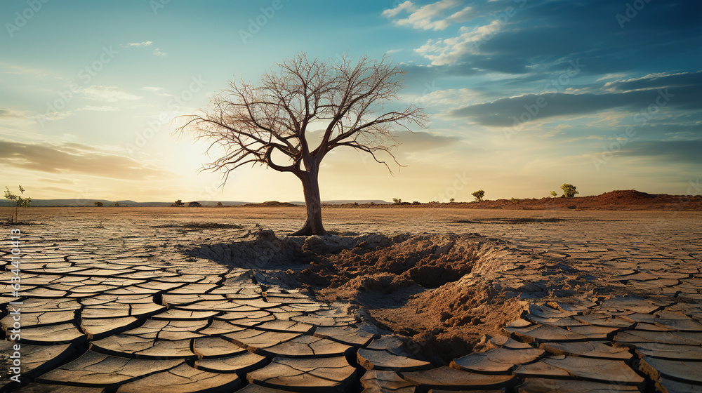 Cracked Earth and wilted tree depict severe drought caused by climate ...