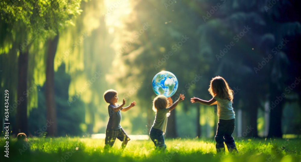 Group of children play with planet earth over defocused nature ...