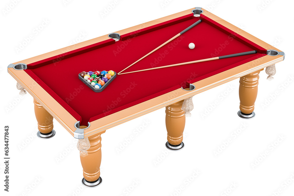Red billiard table with balls and cue, 3D rendering isolated on ...