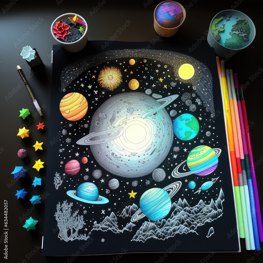 Space scene with planets, stars and galaxies. drawn on book with black ...