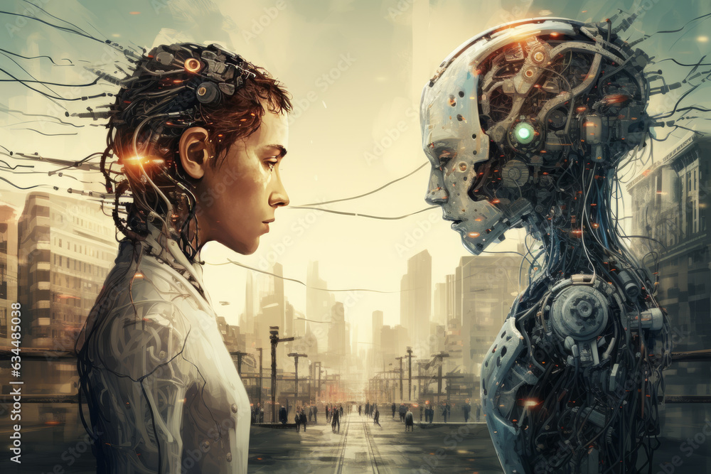 Surreal portrait of a real person and cyborg looking at each other ...