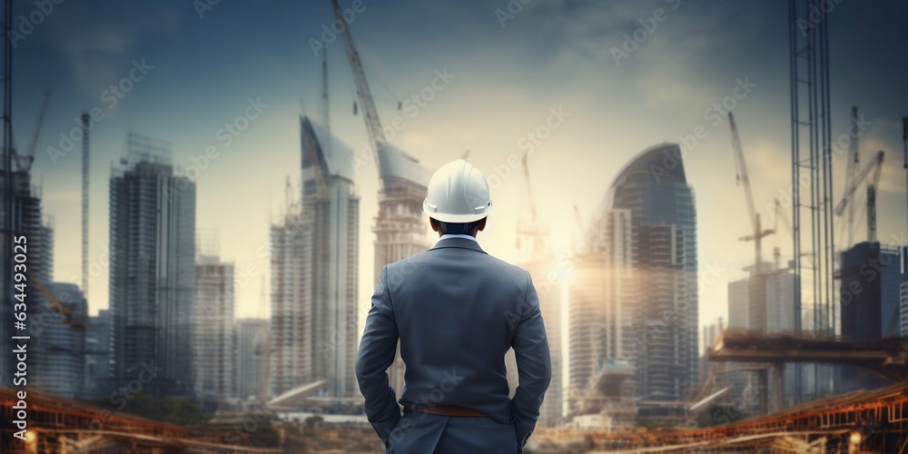 Back View of Civil Engineer with Metropolis Construction Background ...