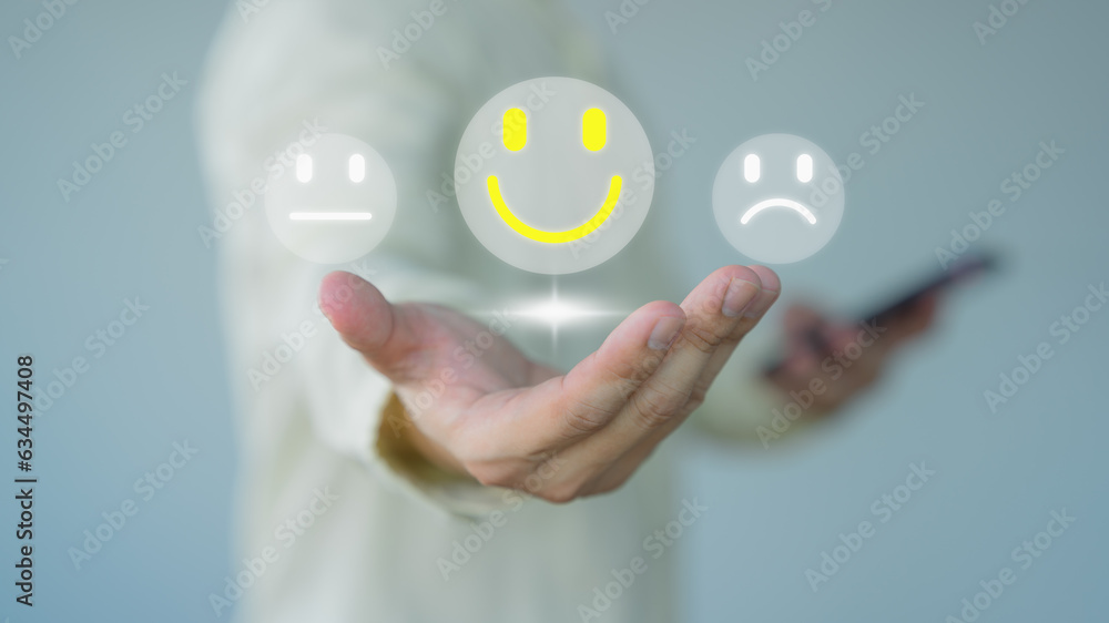 Man hand showing a happy smiley face icon. Testimonial of customer ...