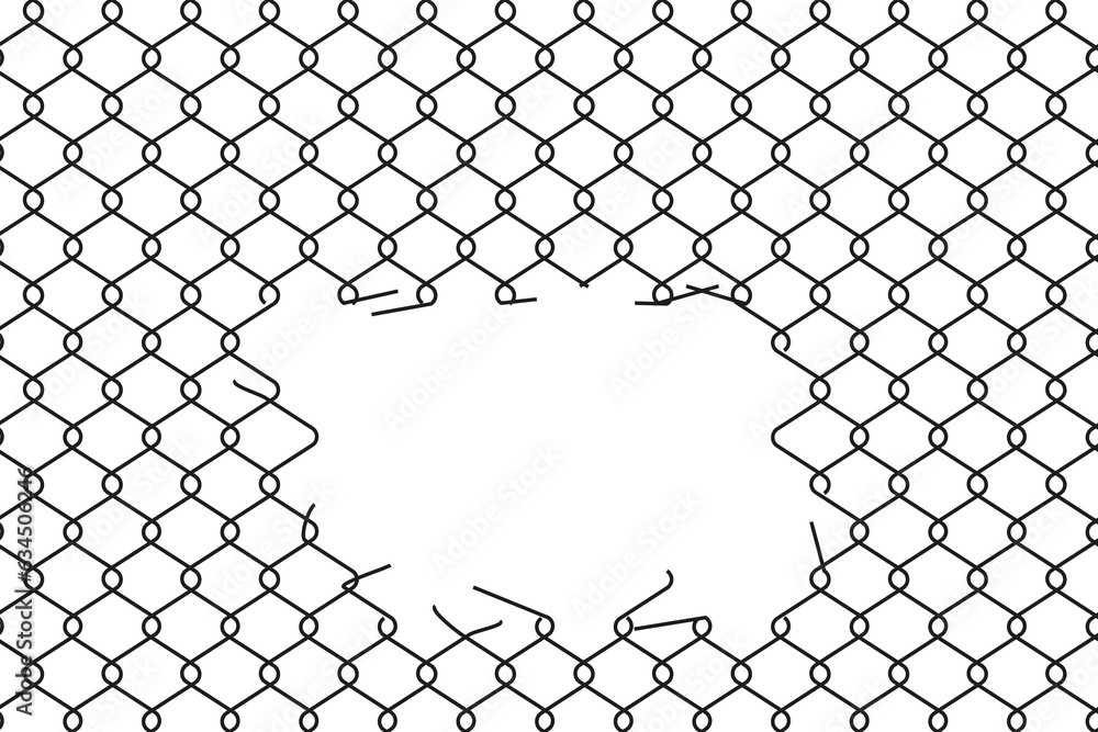 Broken wire mesh fence. Cut metal lattice grid. Torn wire pirson mesh ...