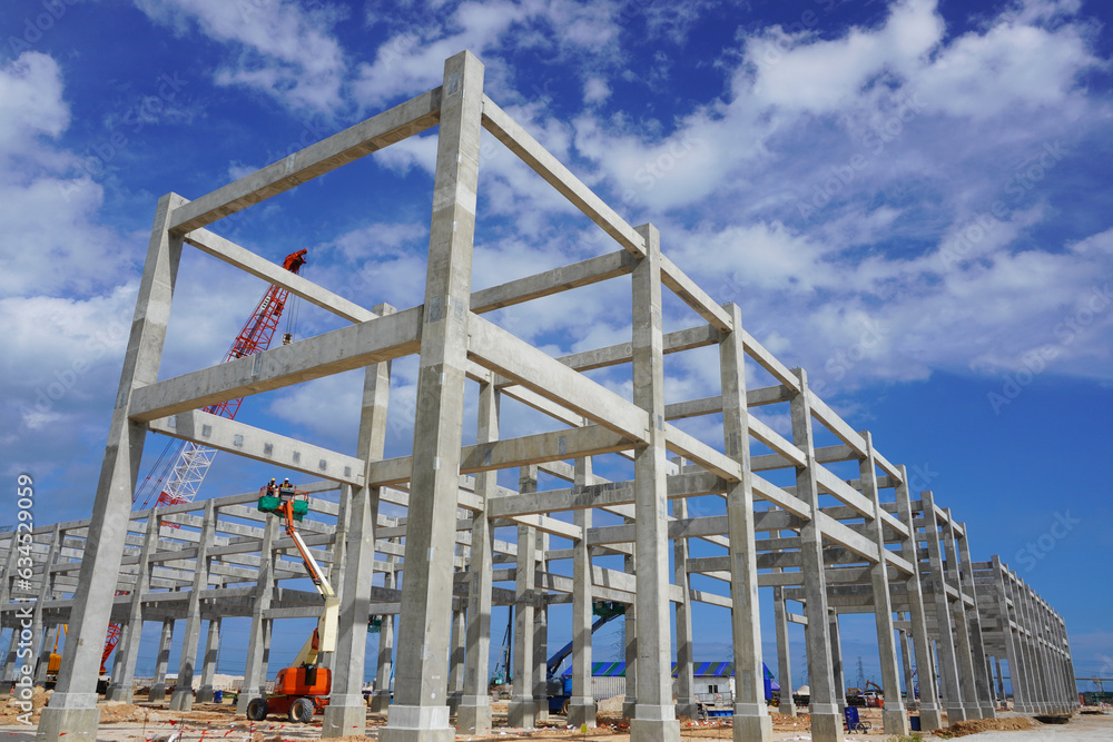 Precast concrete structures building installation at construction site ...