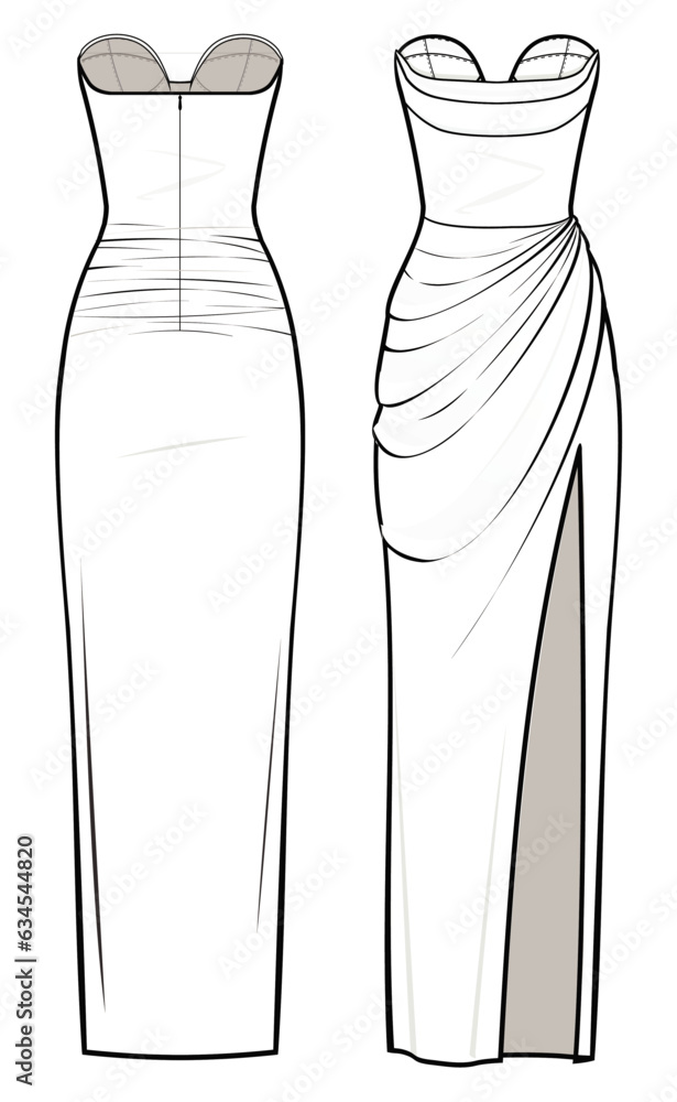 Silk draped bustier High Slit Gown technical fashion illustration ...