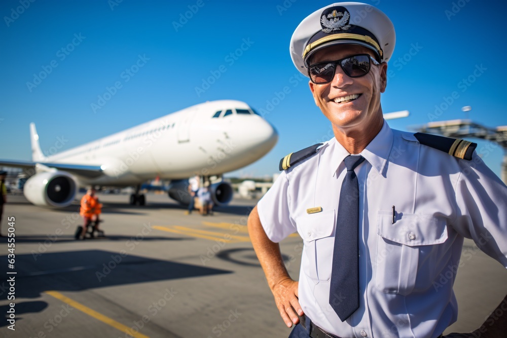 smiling airline pilot, leaning against a jet bridge with an airplane in ...