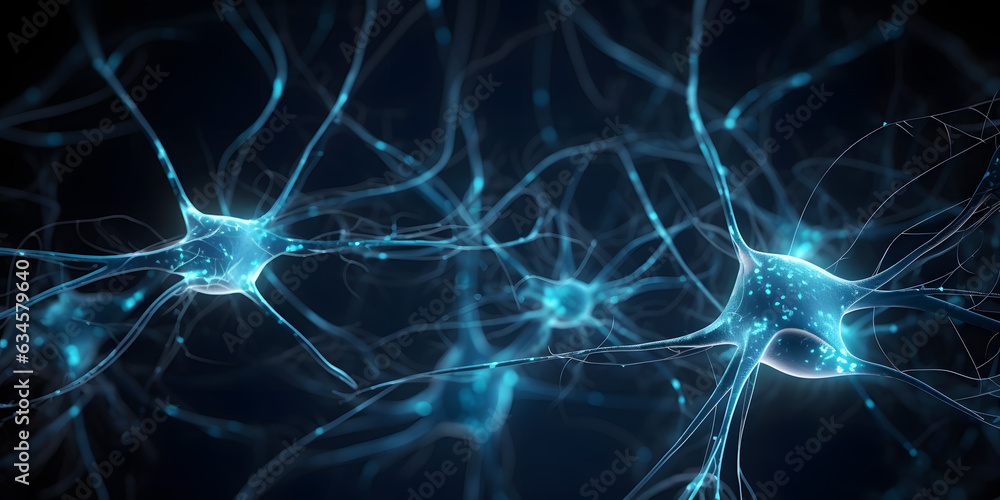 Nerve cell blue color banner, system neuron of brain with synapses ...