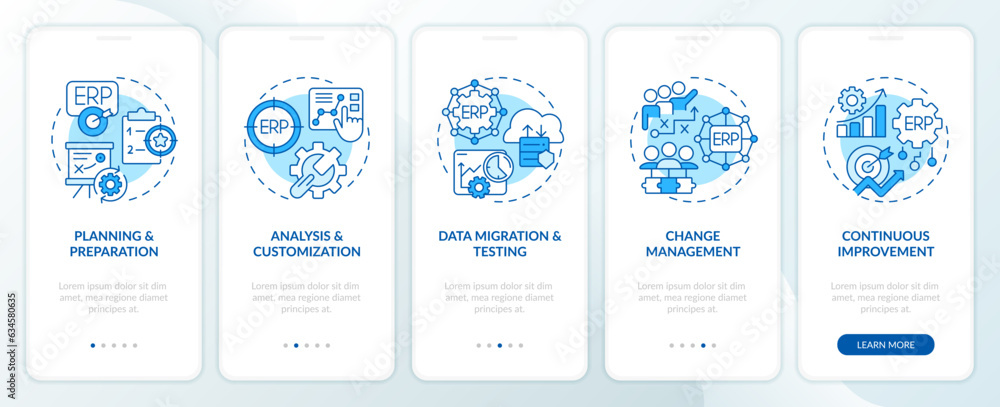 2D icons representing enterprise resource planning mobile app screen ...