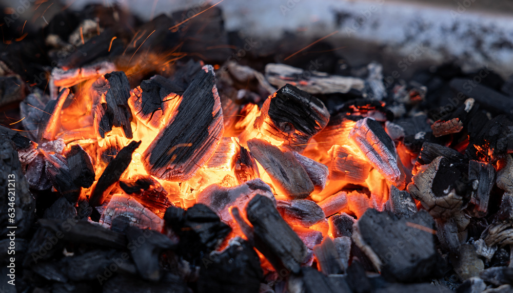 Ember of charcoal on a barbeque grill. Close-up of fire, glowing ...