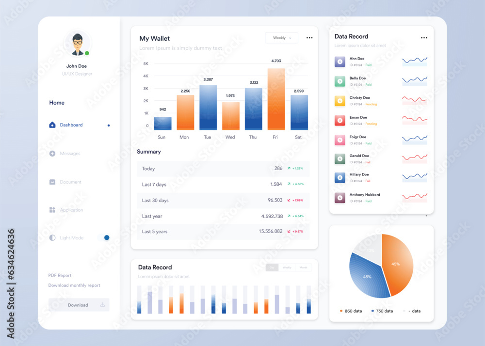 Infographic dashboard. UI UX design with graphs, charts and diagrams ...