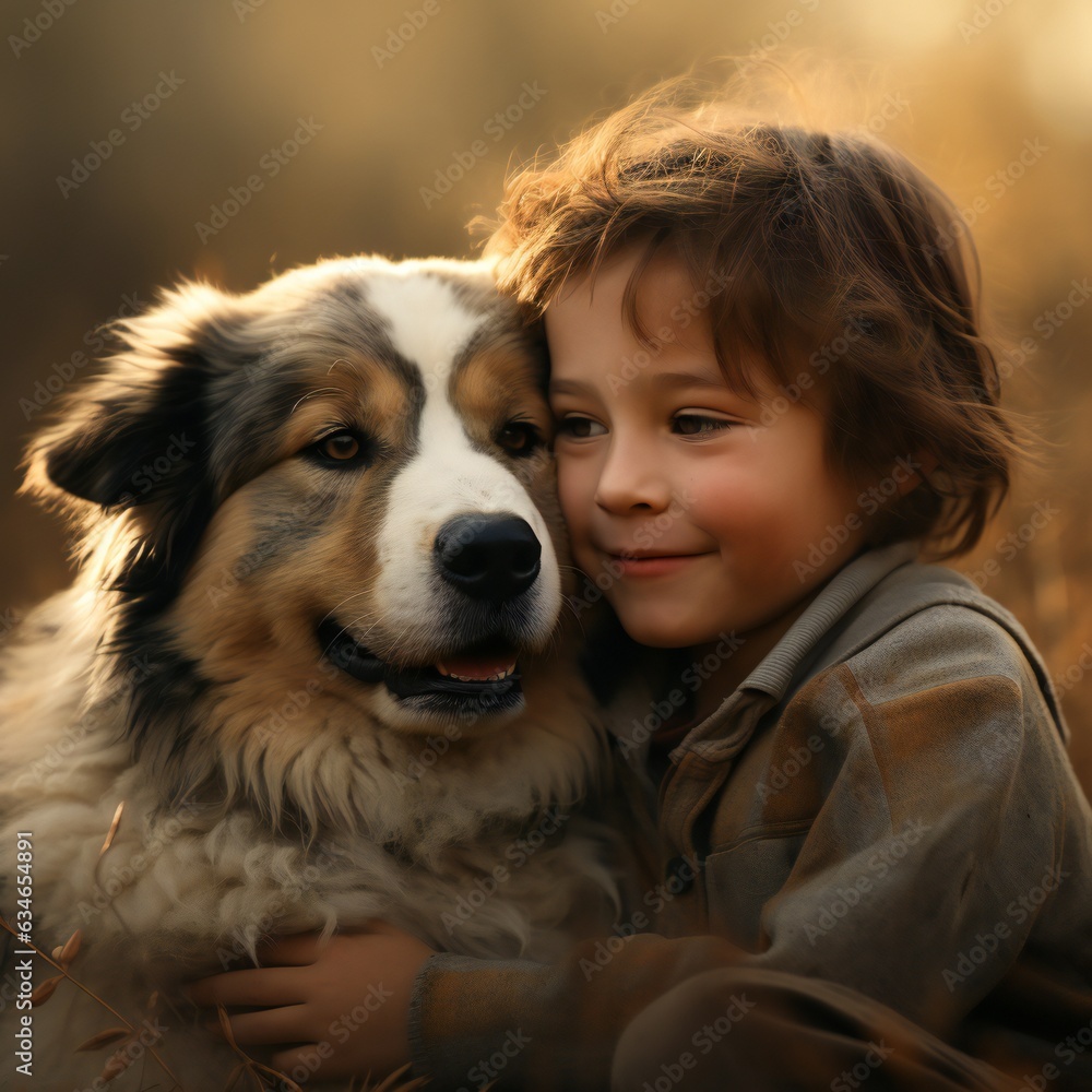 Little boy with a dog in the autumn park. The concept of friendship and ...