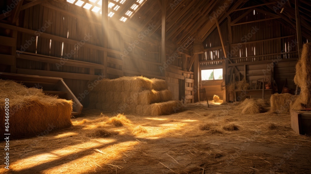 Hayloft interior with hay-bales and sun rays. Stock Illustration ...