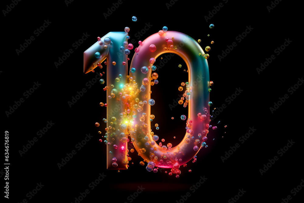 Colorful number 10, ten. Font. Happy birthday with balloons, bubbles ...